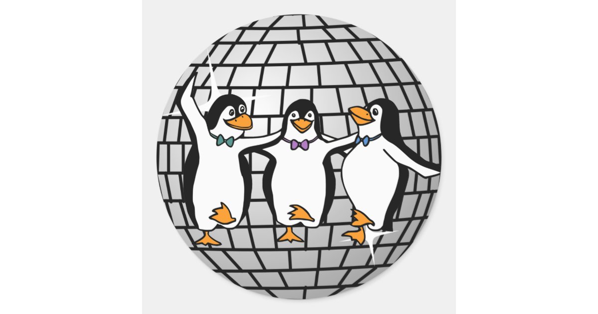 Disco Ball with Dancing Penguins Sticker (Round) | Zazzle