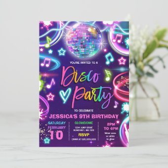 Disco Birthday Party Neon Glow Disco Dance Party Invitation | Zazzle