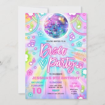 Disco Birthday Party Tie Dye Glow Dance Disco Invitation | Zazzle