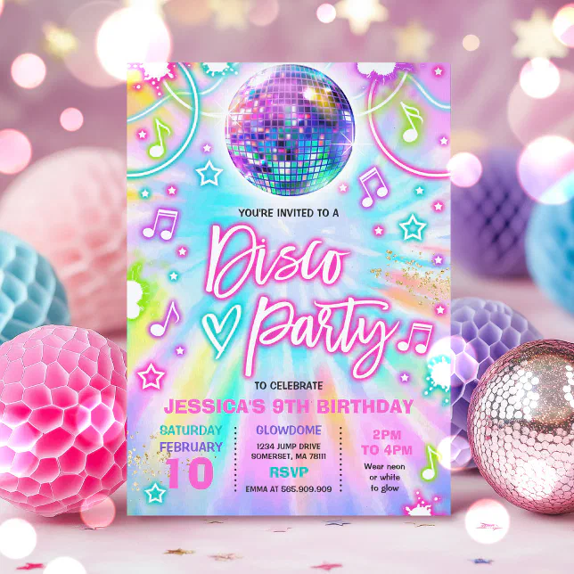 Disco Birthday Party Tie Dye Glow Dance Disco Invitation | Zazzle