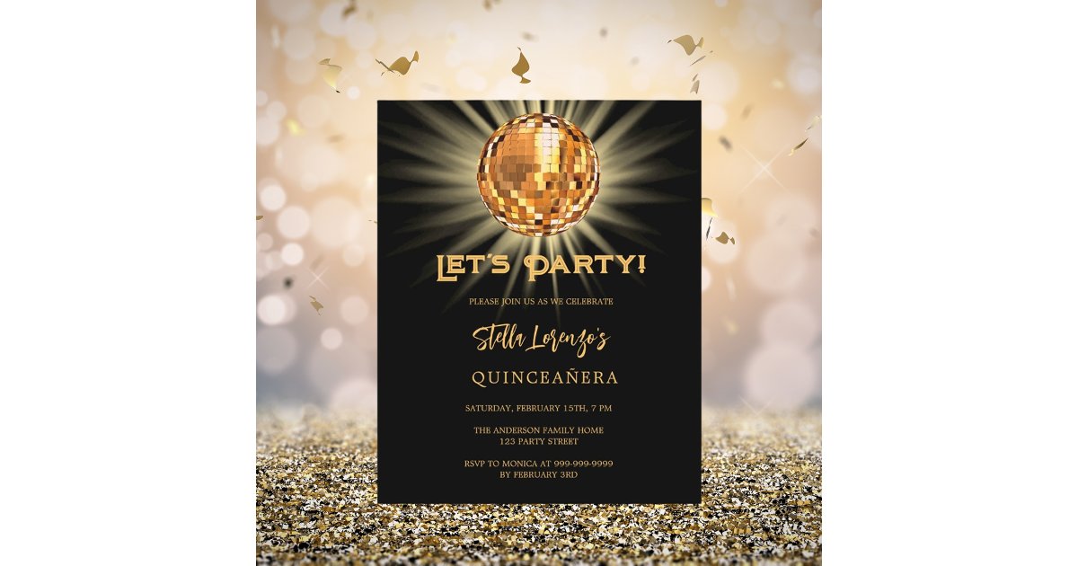 Disco black gold Quinceanera budget invitation | Zazzle