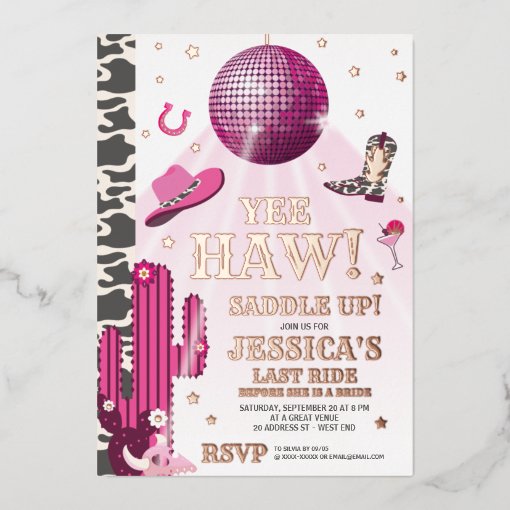 Disco Cowgirl Bachelorette Party Foil Invitation | Zazzle