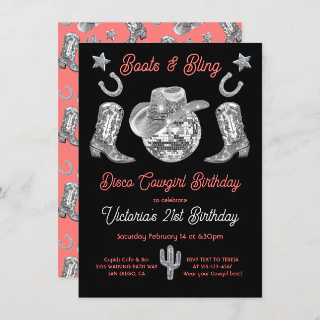 Disco Cowgirl Boots & Bling Rhinestone Birthday Invitation | Zazzle