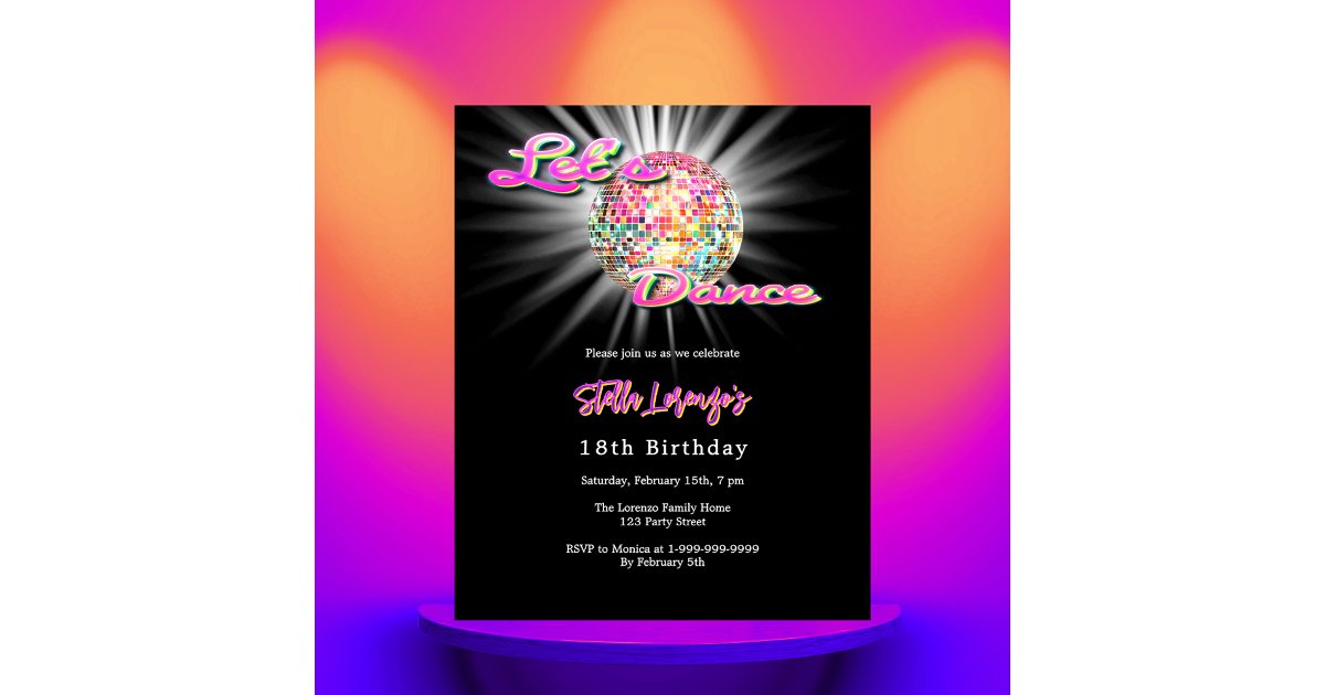 Disco dance party pink black birthday invitation | Zazzle