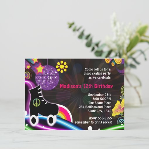 Disco Glow Roller Skating Skate Party Invitation | Zazzle