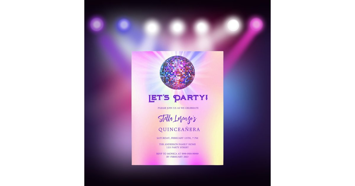 Disco holographic Quinceanera budget invitation | Zazzle