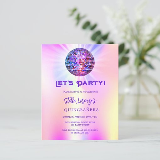 Disco holographic Quinceanera budget invitation | Zazzle