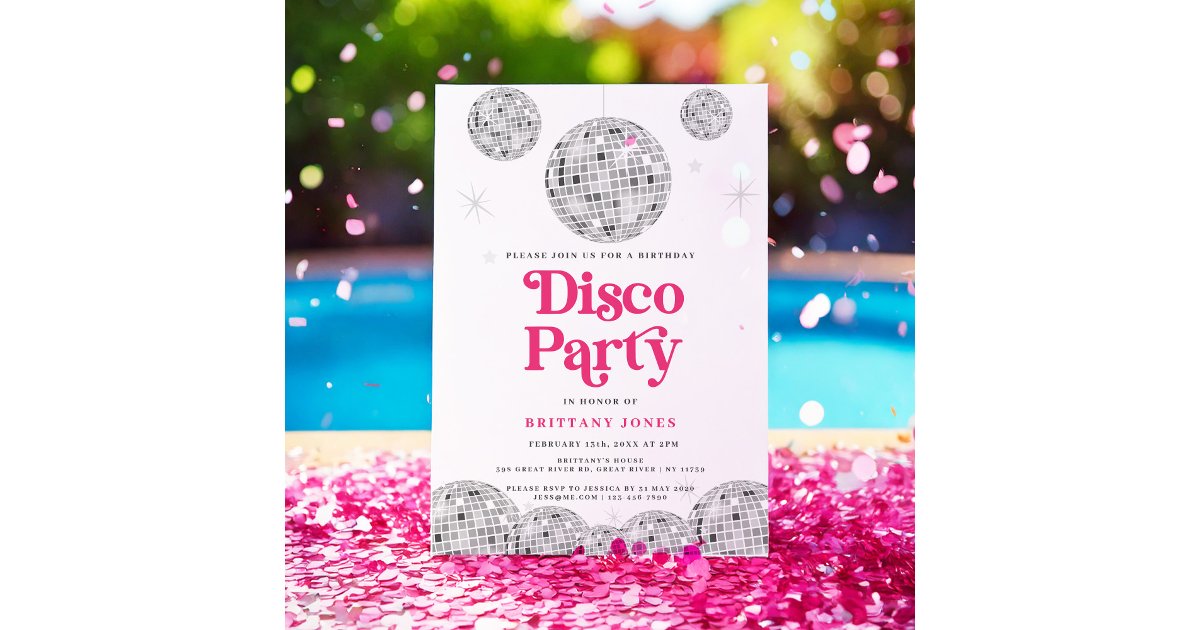 Disco Party Birthday Silver Retro PINK Glitter Invitation | Zazzle