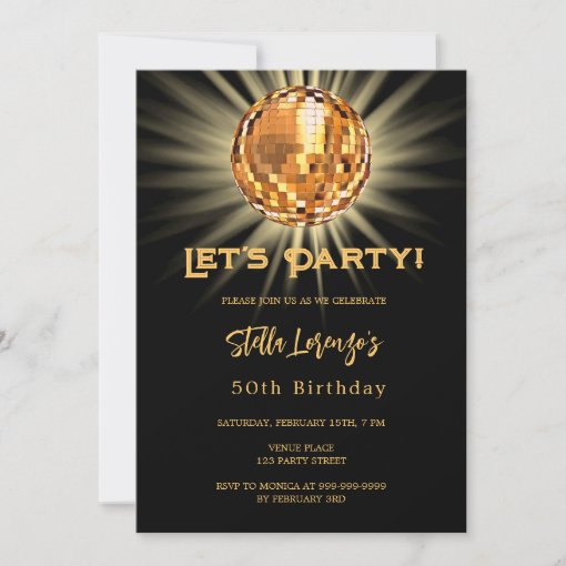 Disco party black gold 50th birthday invitation | Zazzle