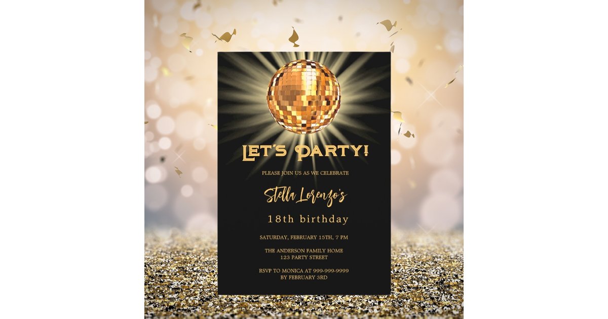 Disco party black gold birthday invitation | Zazzle