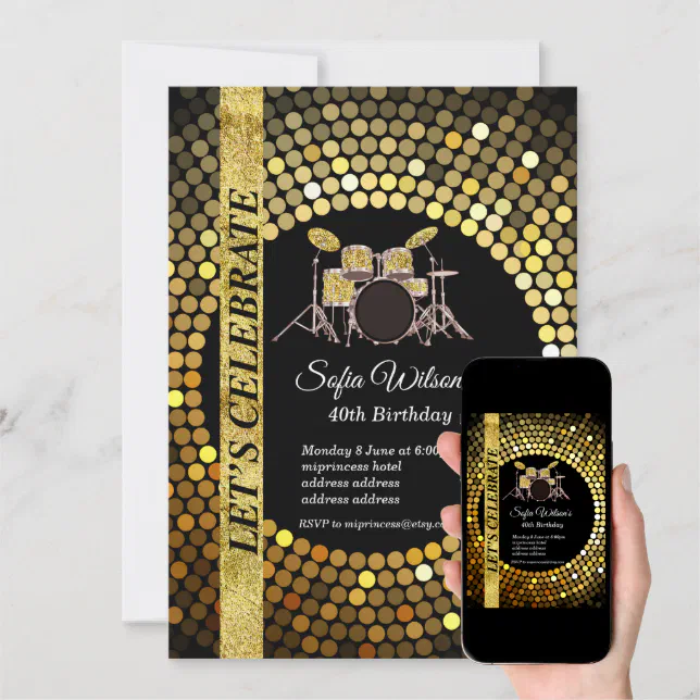 Disco party, gold, music, birthday party invitation | Zazzle