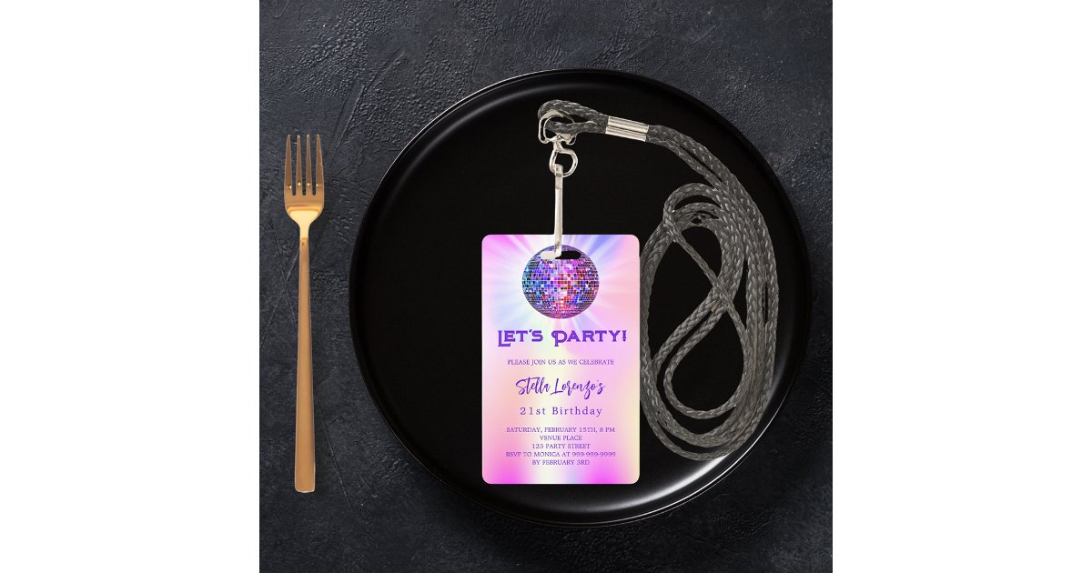 Disco party pink holographic birthday invitation badge | Zazzle