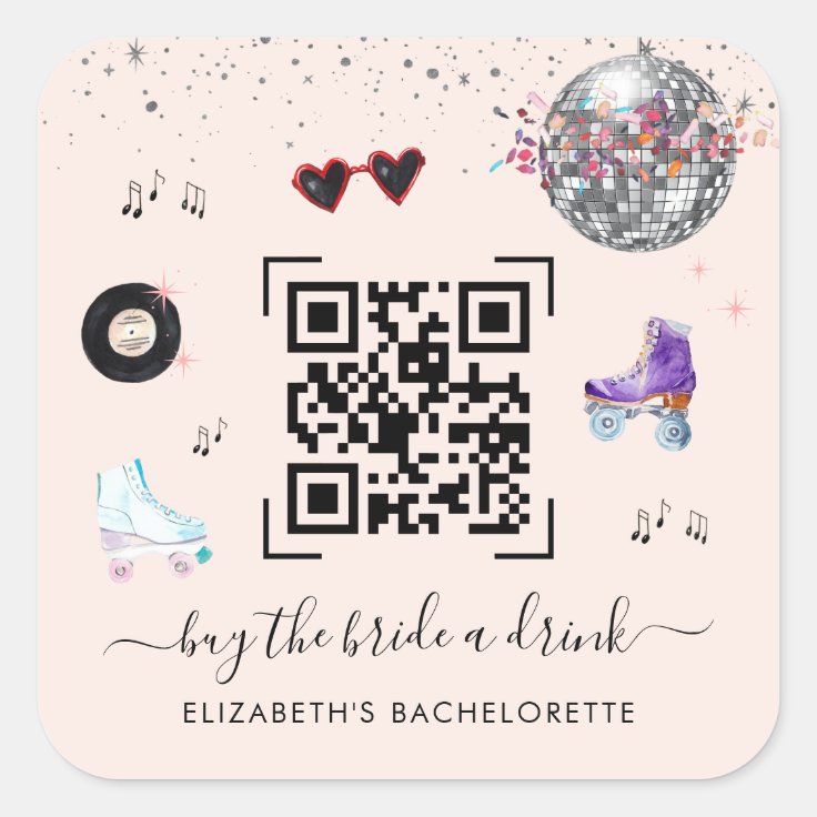 Disco Roller Skating Buy The Bride A Drink QR Code Square Sticker | Zazzle