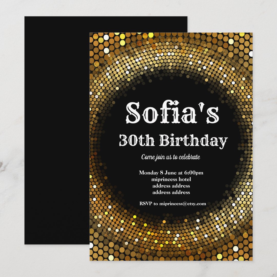 Disco theme, gold birthday party invitation | Zazzle