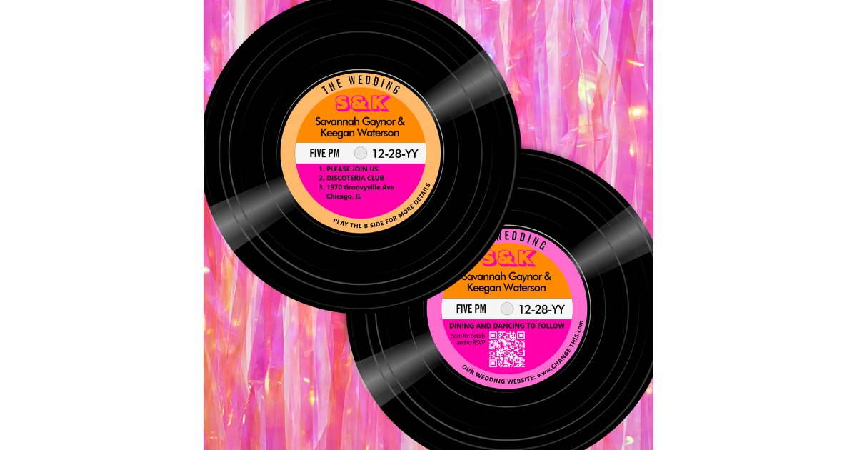 Disco Vinyl Record Pink Orange Stripes Wedding Invitation | Zazzle