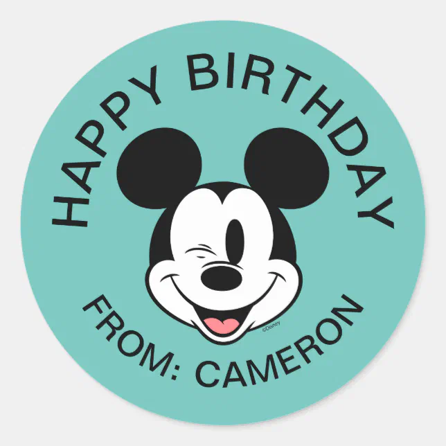 Disney Mickey Mouse Winking Face | Happy Birthday Classic Round Sticker ...