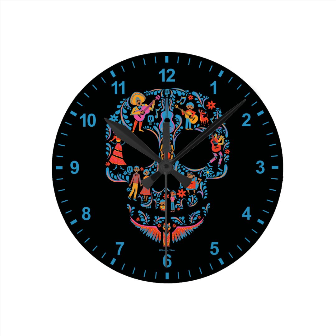 Disney Pixar Coco | Colorful Sugar Skull Round Clock | Zazzle
