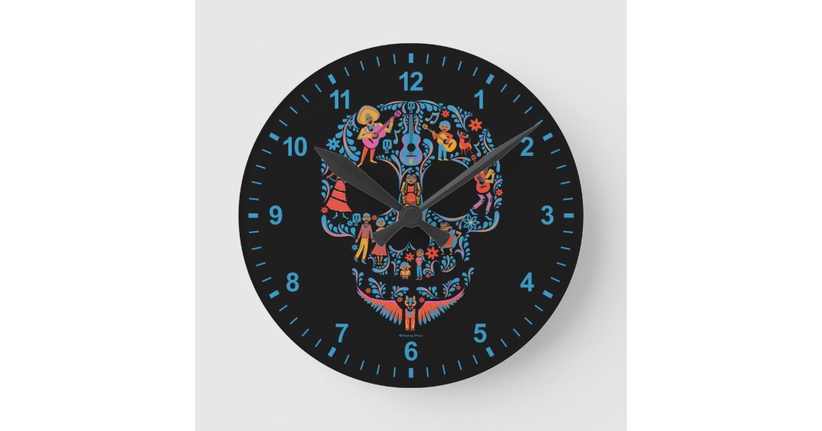 Disney Pixar Coco | Colorful Sugar Skull Round Clock | Zazzle