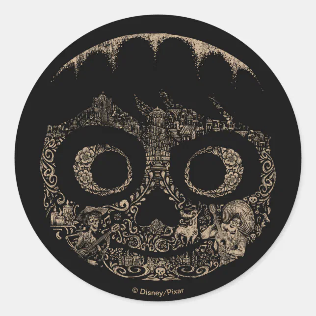 Disney Pixar Coco | Miguel | Ornate Skull Graphic Classic Round Sticker ...