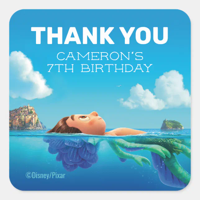 Disney Pixar's Luca Birthday Thank You Square Sticker | Zazzle
