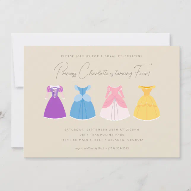 Disney Princess Dresses Girls Birthday Invitation | Zazzle