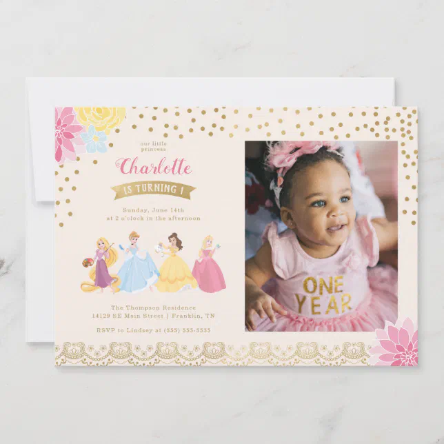 Disney Princess | Floral Gold Confetti - Photo Invitation | Zazzle