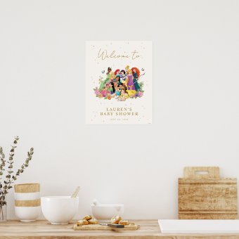 Disney Princess Gold Floral Baby Shower Welcome Poster | Zazzle