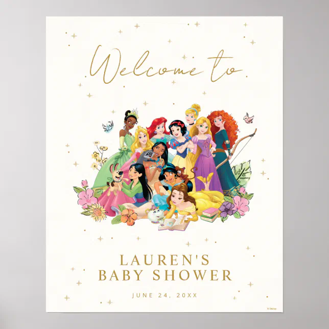 Disney Princess Gold Floral Baby Shower Welcome Poster | Zazzle