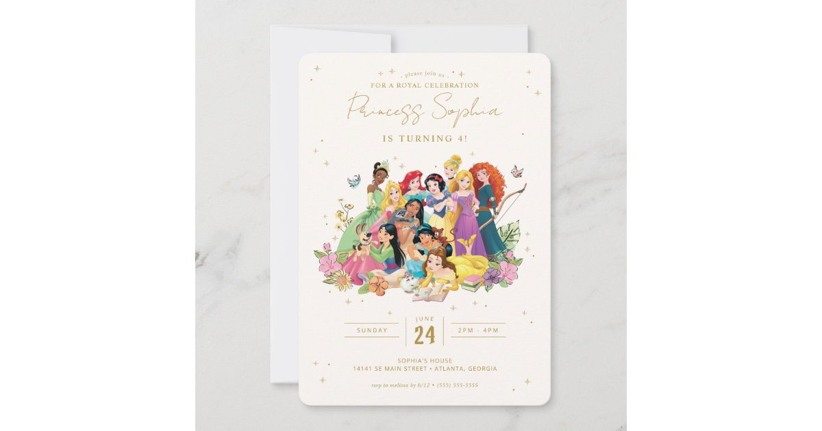 Disney Princess Gold Floral Birthday Invitation | Zazzle