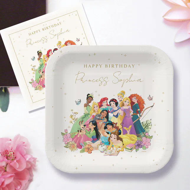 Disney Princess Gold Floral Birthday Paper Plates | Zazzle