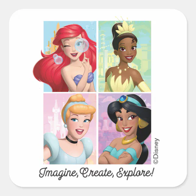 Disney Princess "Imagine, Create, Explore!" Square Sticker | Zazzle