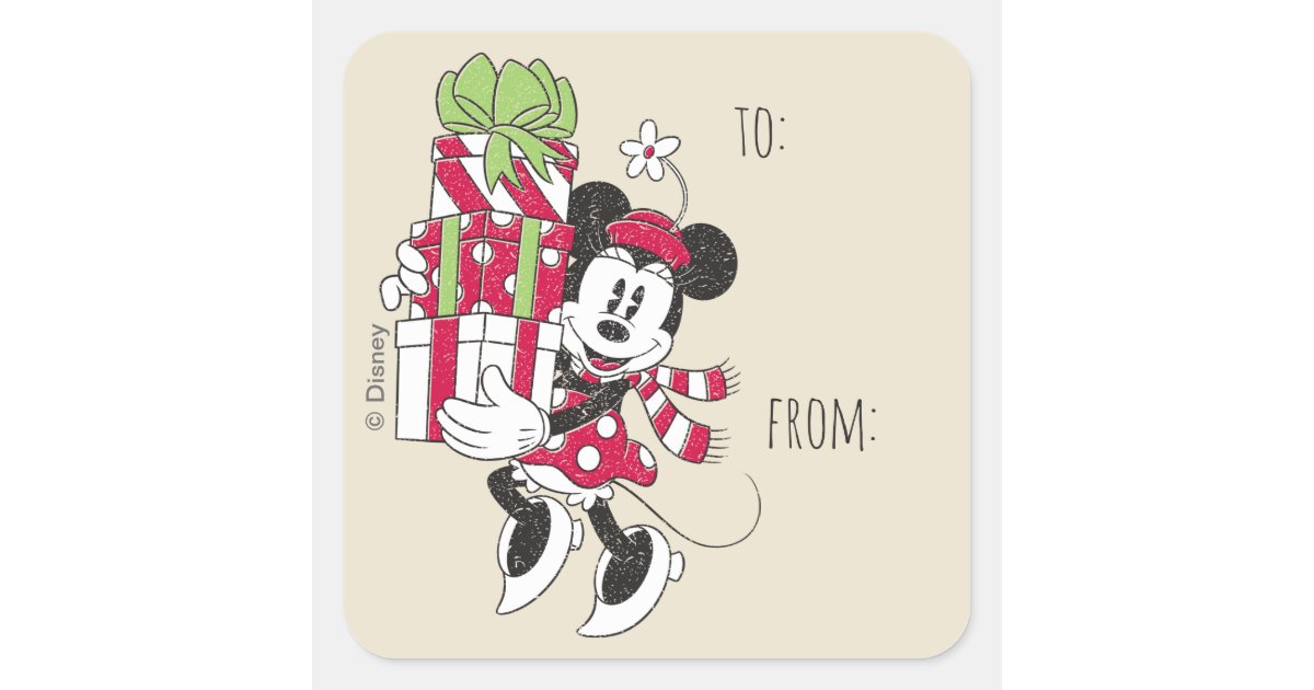 Disney | Vintage Minnie Delivering Holiday Cheer Square Sticker | Zazzle