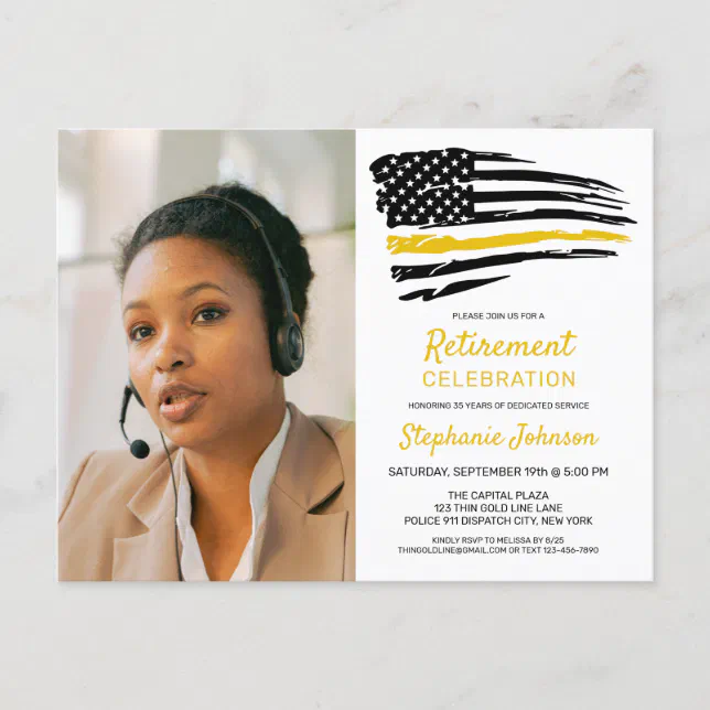 Dispatcher Custom Photo Thin Gold Line Retirement Invitation Postcard ...