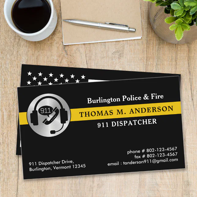 Dispatcher Custom Thin Gold Line 911 Logo Business Card | Zazzle