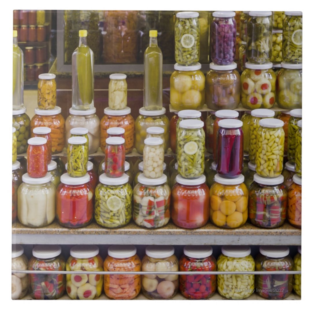 Display of pickled fruits and vegetables. tile | Zazzle