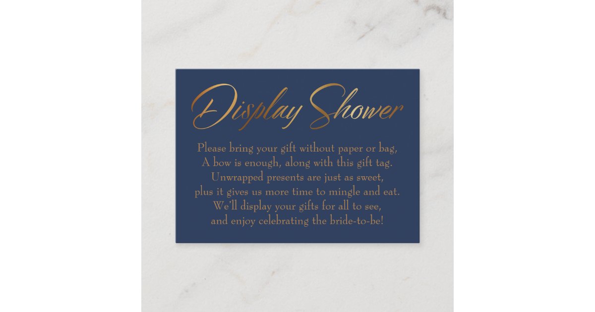 Display Shower Elegant Gold Script on Navy Card | Zazzle