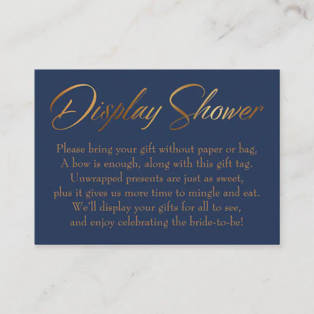 Display Shower Elegant Gold Script on Navy Card | Zazzle