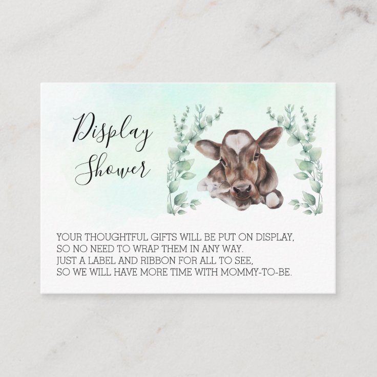 Display Shower Unwrapped Gifts Baby Cow Calf Busin Enclosure Card | Zazzle