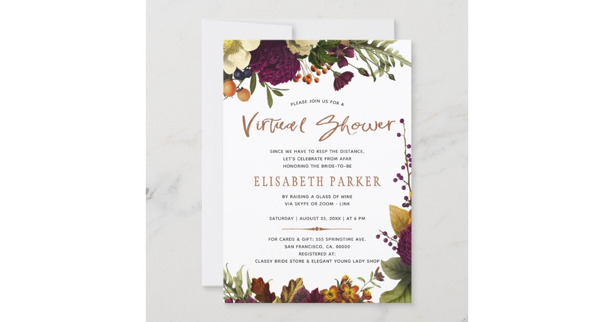 Distance shower burgundy floral virtual shower invitation | Zazzle
