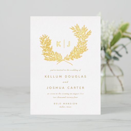 Distinguished Monogram Wedding Gold Foil Invitation | Zazzle