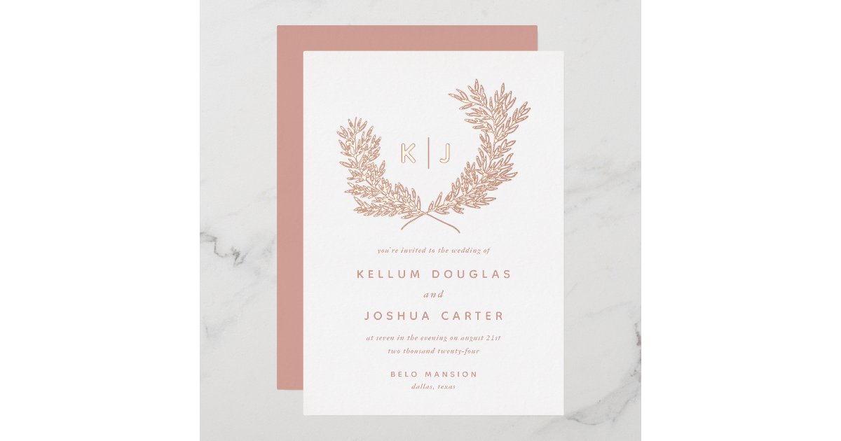 Distinguished Monogram Wedding Rose Gold Foil Invitation | Zazzle