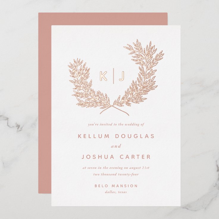 Distinguished Monogram Wedding Rose Gold Foil Invitation | Zazzle