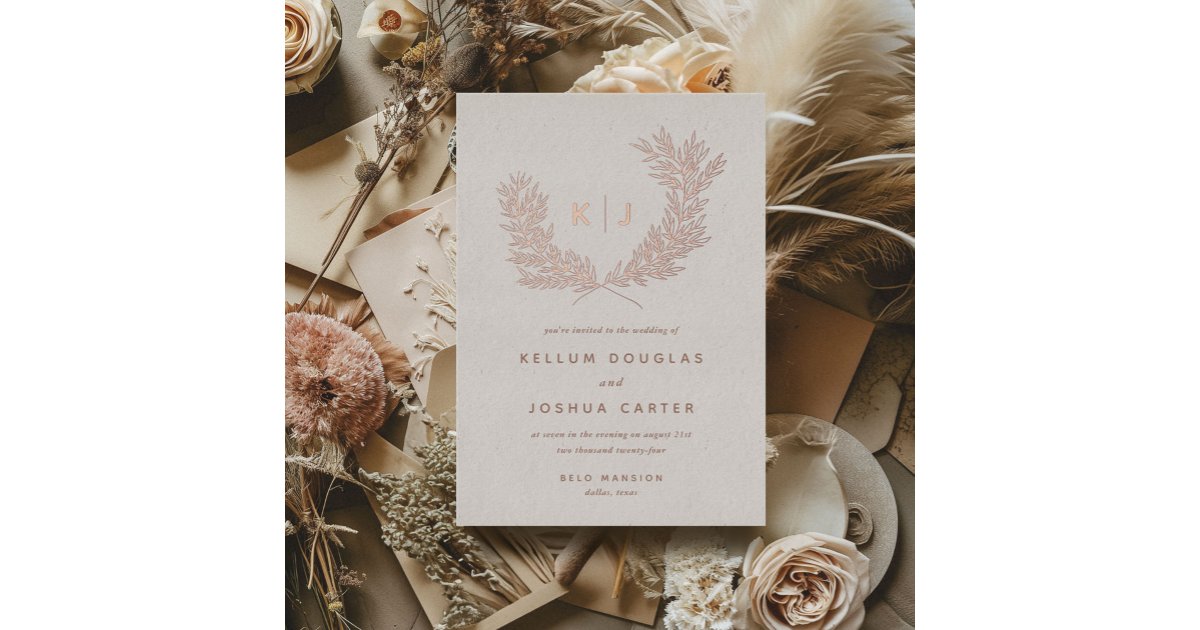 Distinguished Monogram Wedding Rose Gold Foil Invitation | Zazzle