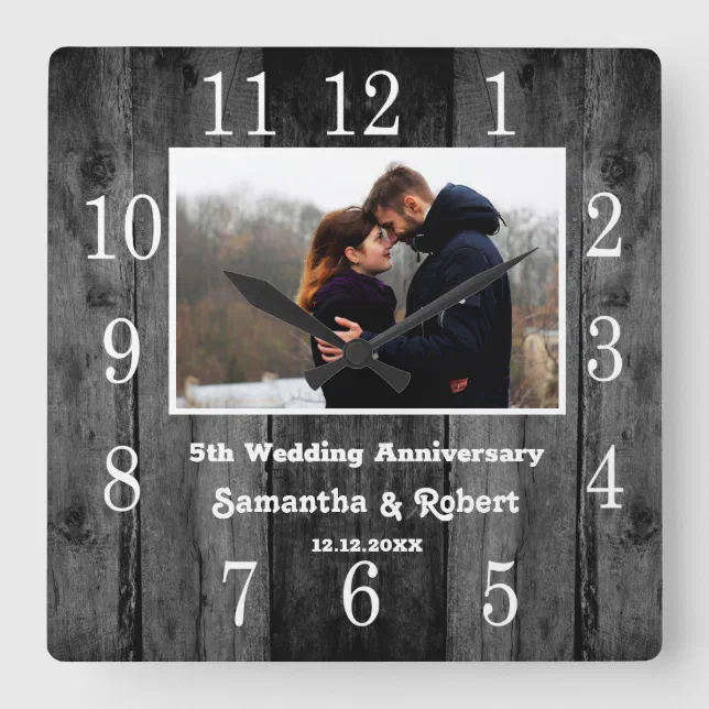 Distressed Black Wood 5 Year Anniversary Photo Square Wall Clock | Zazzle