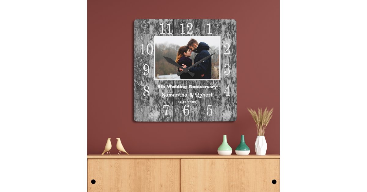 Distressed Black Wood 5 Year Anniversary Photo Square Wall Clock | Zazzle