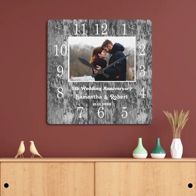 Distressed Black Wood 5 Year Anniversary Photo Square Wall Clock | Zazzle