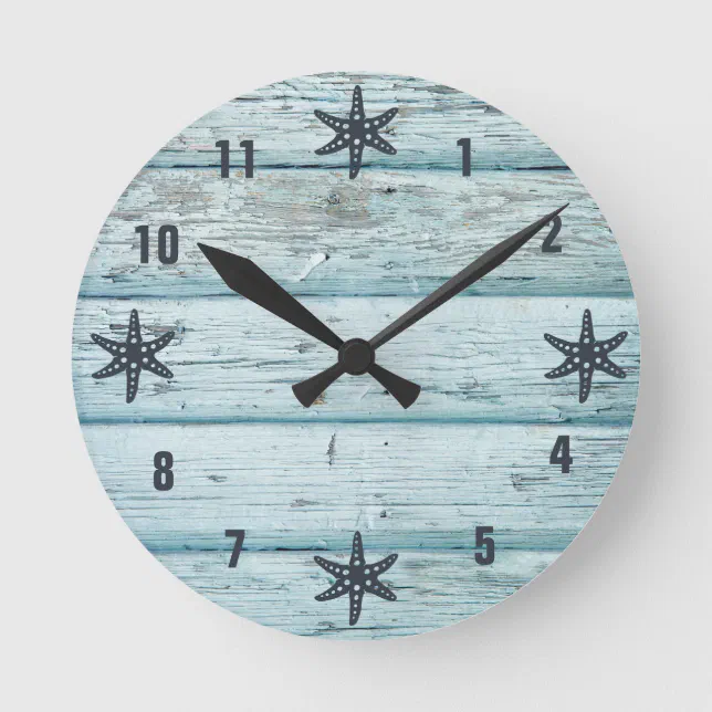 Distressed Blue Beach Wood Starfish Round Clock | Zazzle