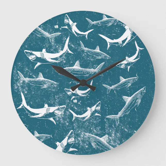 Distressed Blue Shark Pattern Large Clock | Zazzle