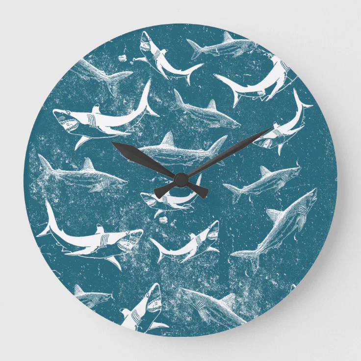 Distressed Blue Shark Pattern Large Clock | Zazzle