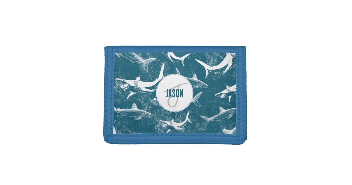 Distressed Blue Shark Pattern Monogram Trifold Wallet | Zazzle